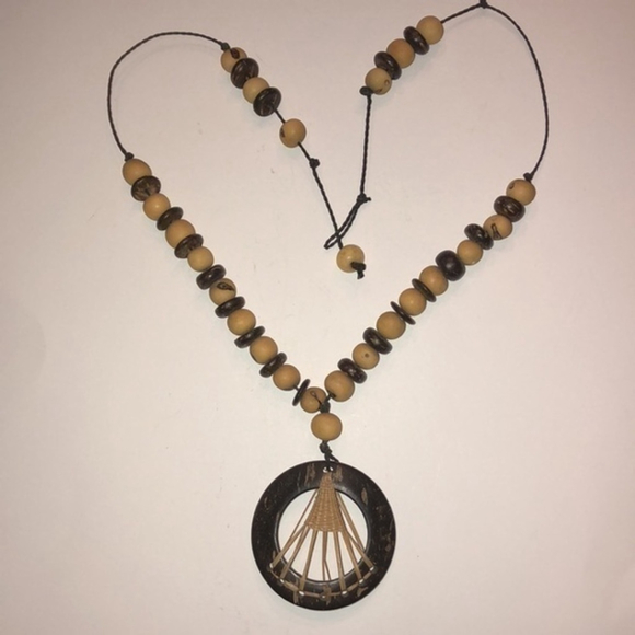 Vintage | Jewelry | Vintage Boho Brown Tan Beaded Ethnic Pendant ...